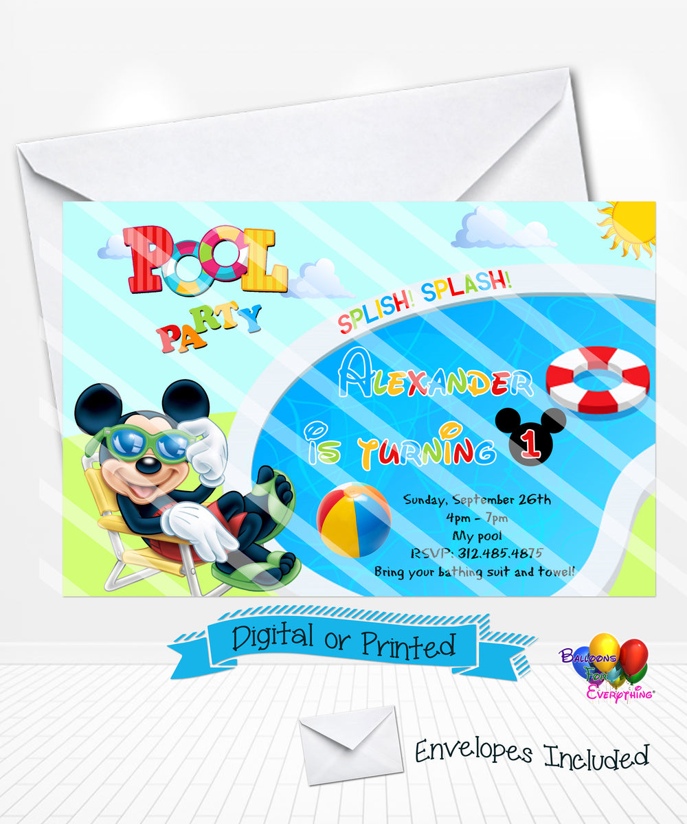 Mickey Mouse Pool Party Birthday Invitation – Balloonsforeverythingonline